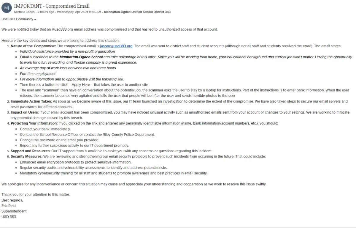 USD 383 officials investigating apparent email phishing scam – 101.5 K ...